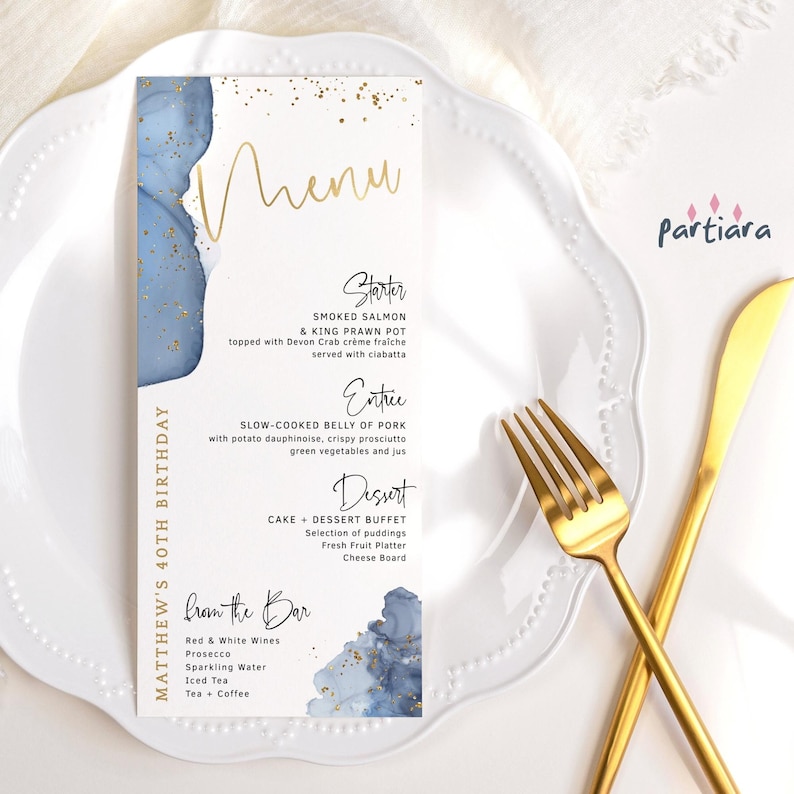 Navy Blue Gold Menu Card Editable Birthday Party Table Menus Printable ...