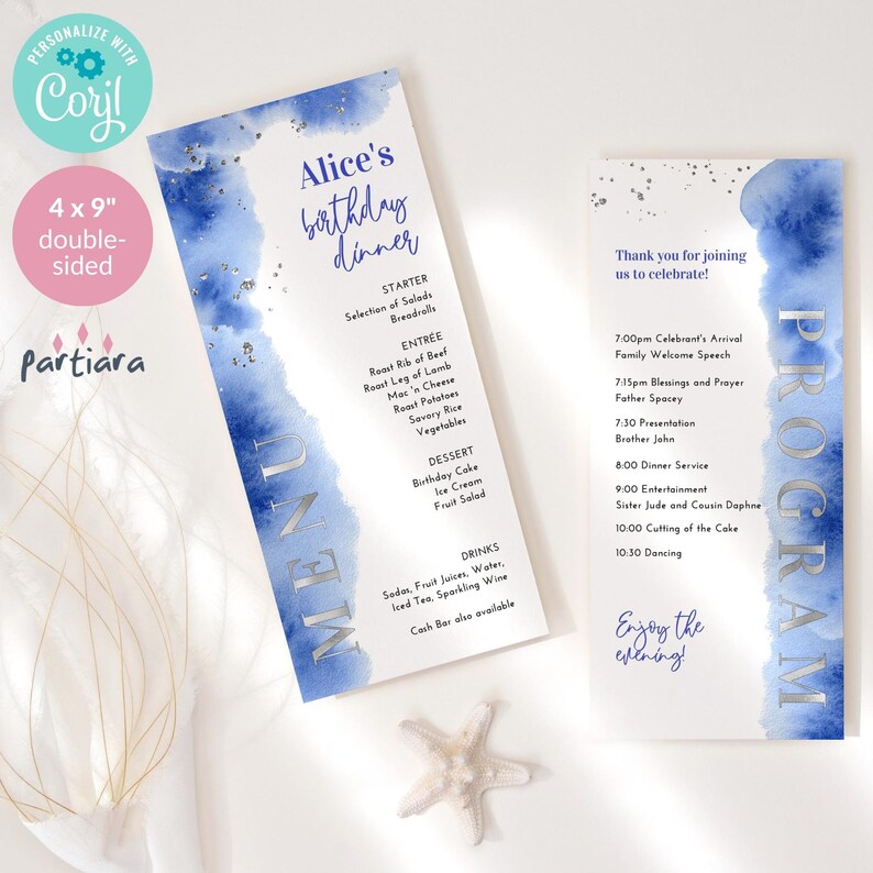 Royal Blue Program Menu Card Template, Teen Girls Birthday Menus ...