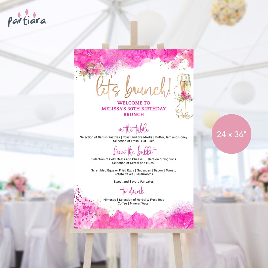 Hot Pink Brunch Menu, Ladies Birthday Brunch Party Welcome Menu Sign ...