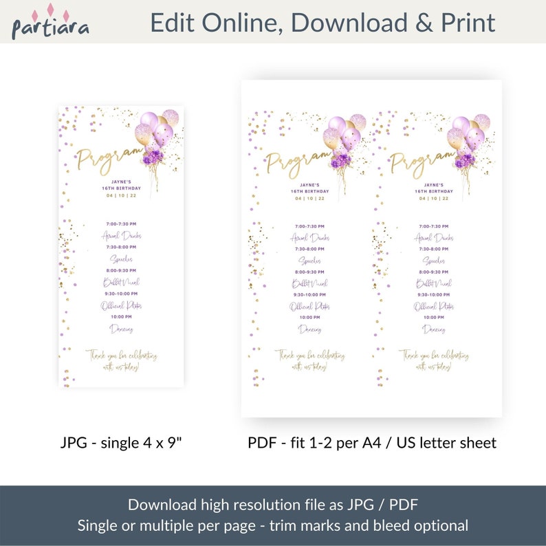 Ladies Program Card Editable Template Birthday Programs - Etsy