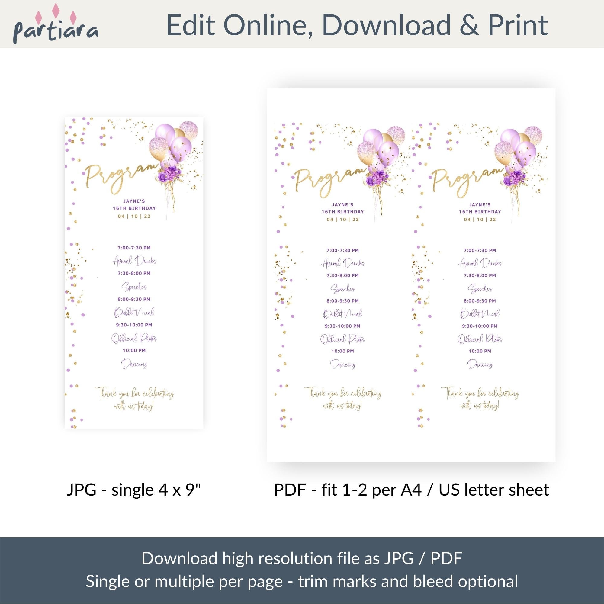 Ladies Program Card Editable Template Birthday Programs Printable ...