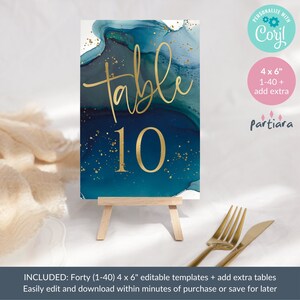 Teal Gold Table Number Cards Set 1-40 Editable Birthday Tables Bridal ...