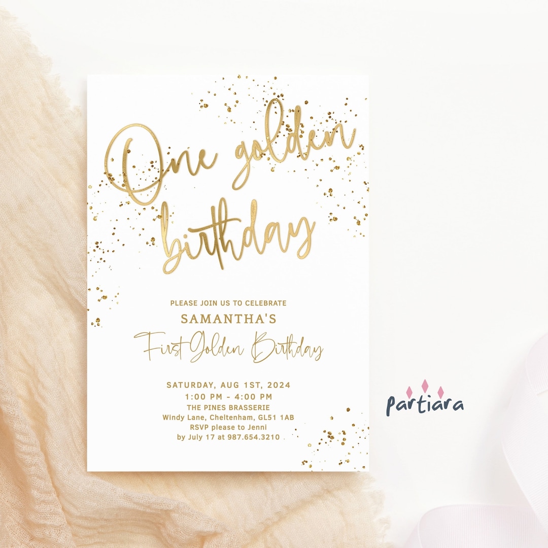 Golden 1st Birthday Invitation, One Golden Year Party Invite Printable ...