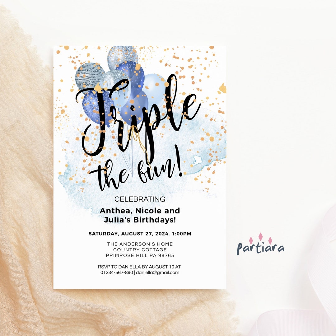 Triple the Fun Invite, Triplets Birthday Invitation Printable, Boys ...