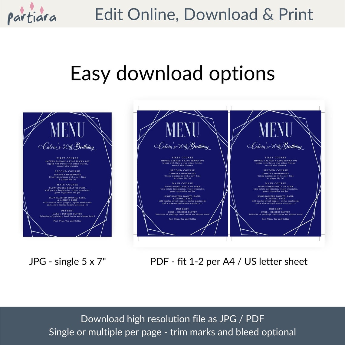 Navy Blue Menu Template, Mens Birthday Dinner Menus Printable, Elegant ...
