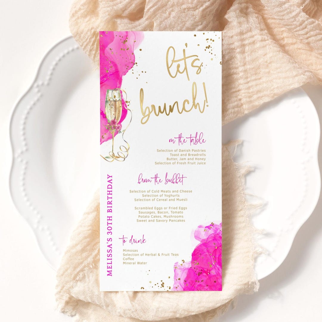 Hot Pink Brunch Menu Editable Ladies Birthday Brunch Menus Bridal ...