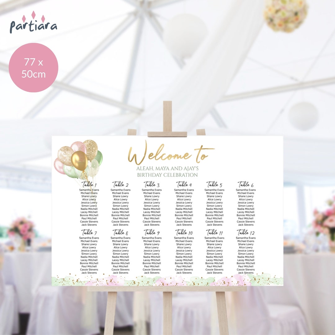 Birthday Seating Chart Template, Ladies Dinner Party Table Seating Sign ...