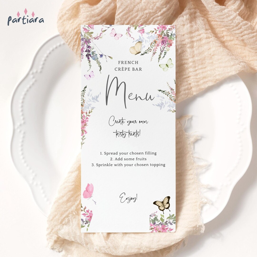 Wildflower Butterfly Menu Bridal Shower Butterflies Brunch Ladies Menus ...