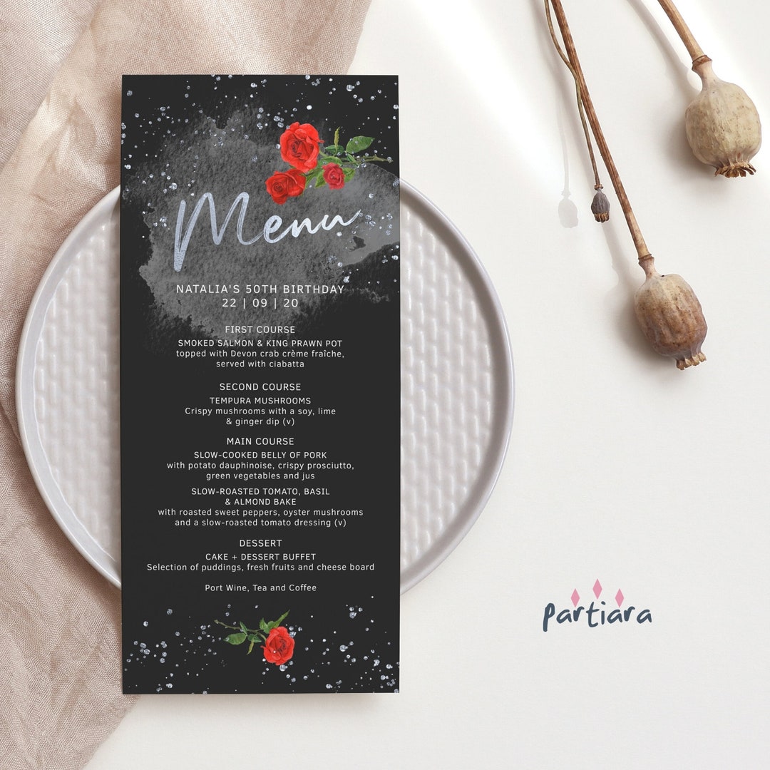 Black Red Menu Template, Red Roses Silver Table Decor Menus Printable ...
