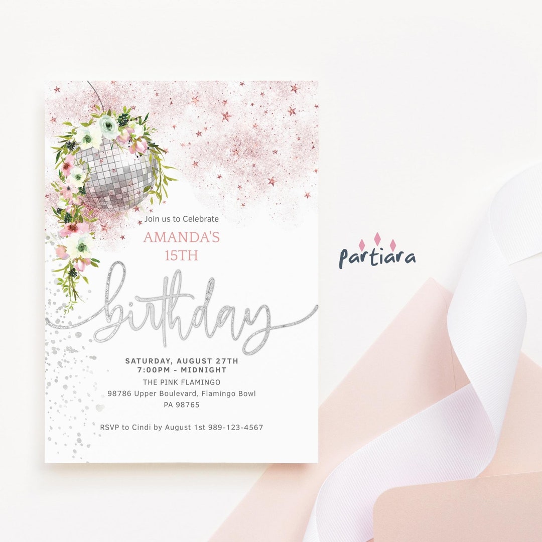 Girl Birthday Disco Invite Printable Bohemian Rose Gold Silver Floral ...