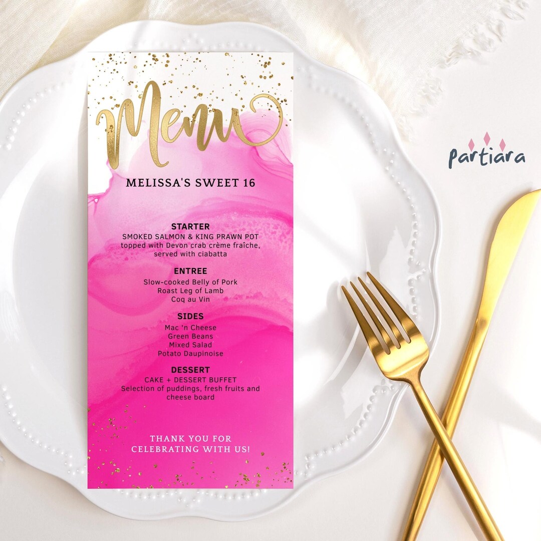 Sweet 16 Menu Template, Hot Pink Birthday Dinner Menus Printable, Teens ...