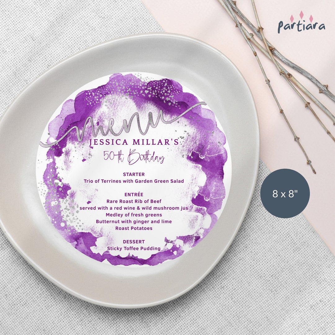 Purple Menu Plate Insert Cards Printable, Birthday Dinner Party Round ...