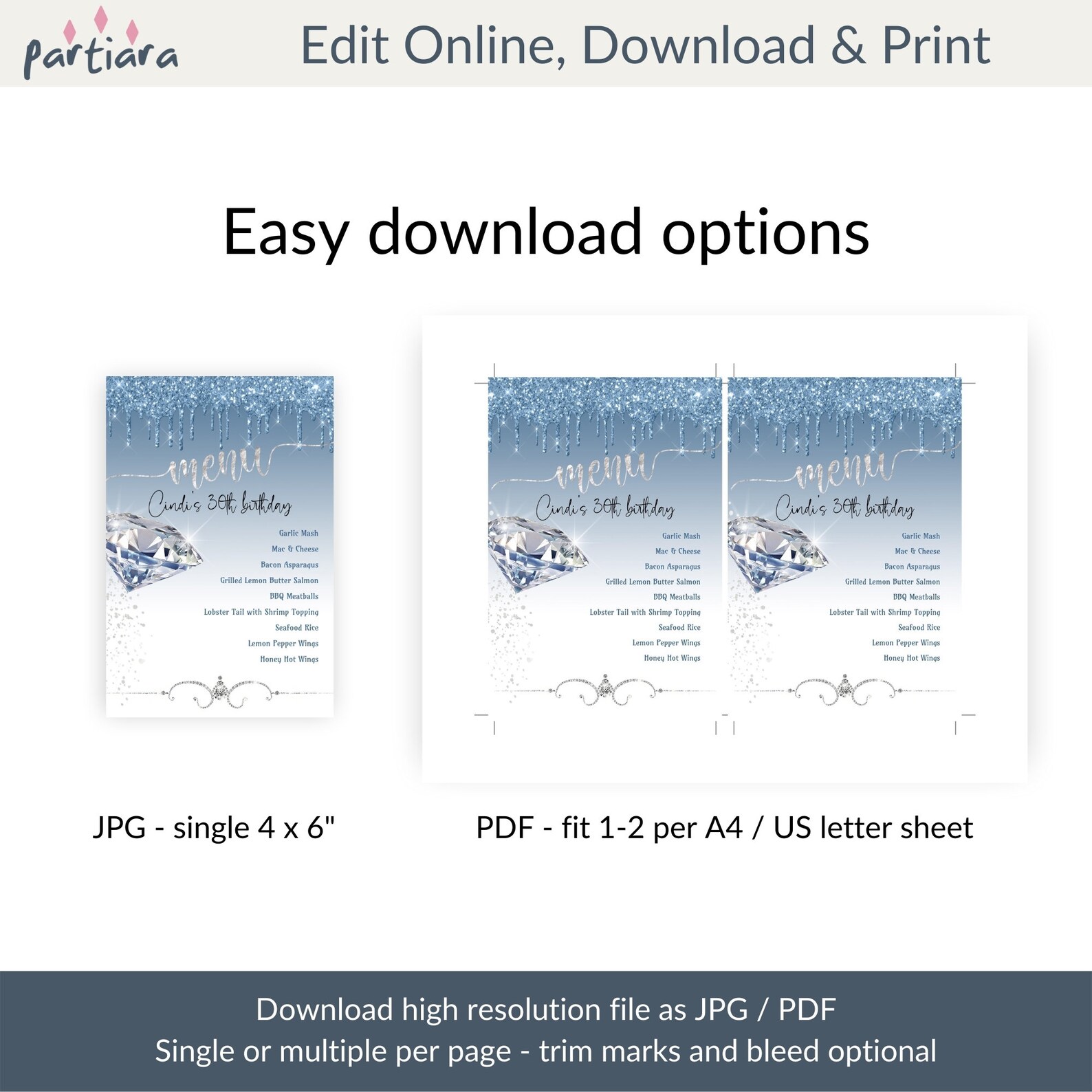 Blue Diamond Menu, Birthday Menu Card Printable, Dinner Party Table ...