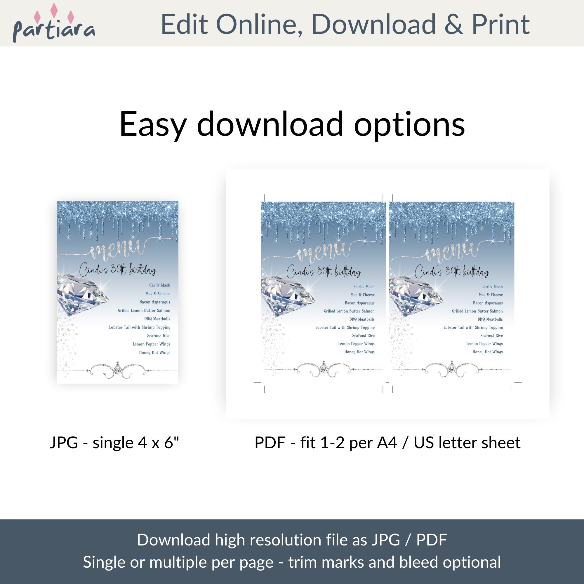 Birthday Diamonds and Denim Menu Card Printable Ladies Teen - Etsy