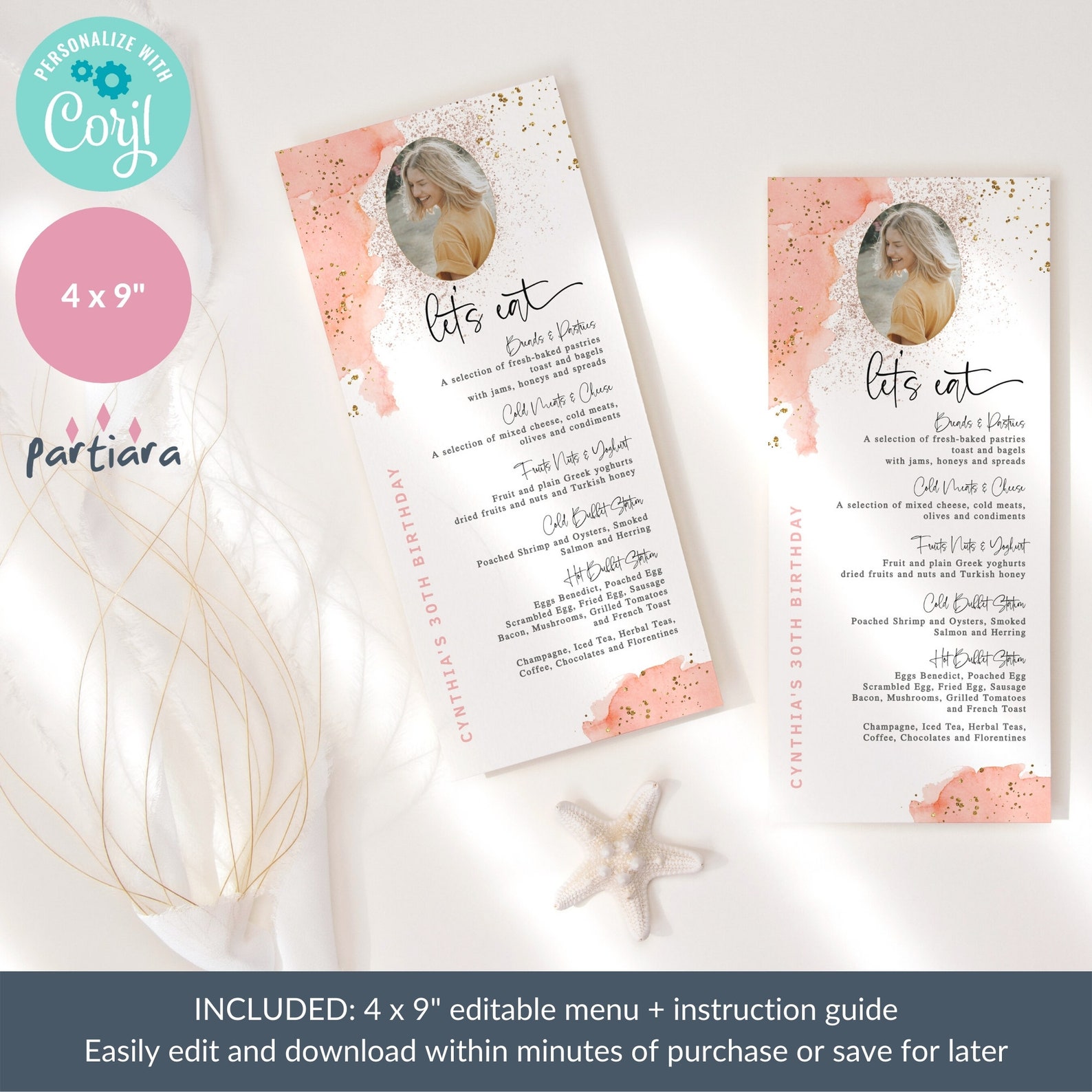 Blush Pink Gold Menu Cards Printable Teen Girls Ladies Birthday Photo ...