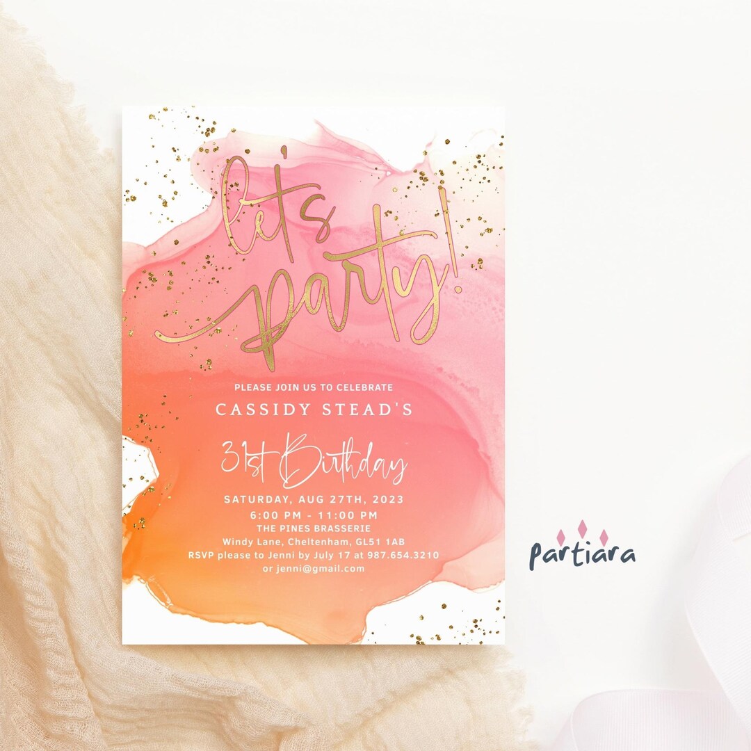 Editable Pink Orange Party Invite Birthday Invitations Printable Bridal ...