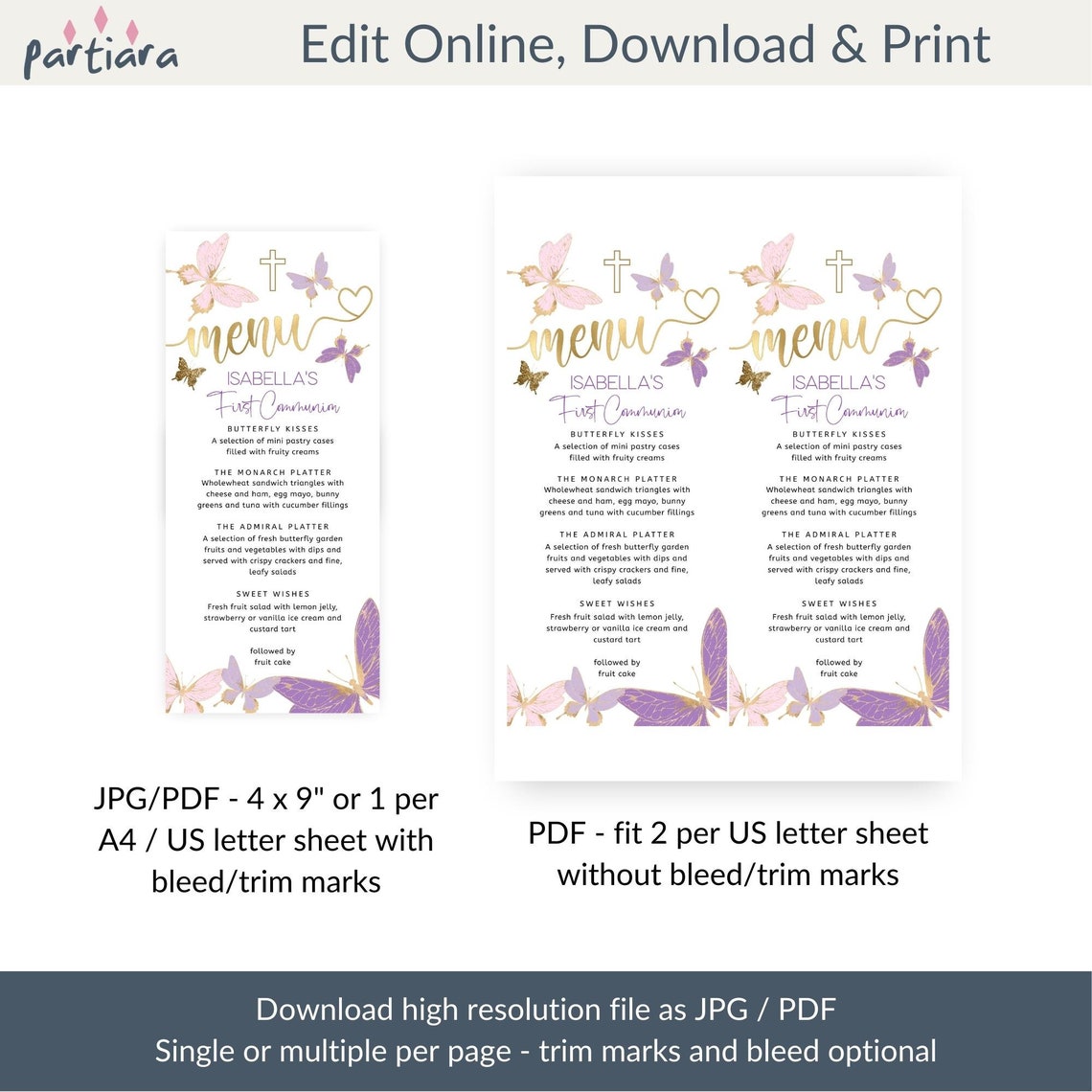 Butterfly Menu Template, Girl Holy Communion Party Table Menus ...