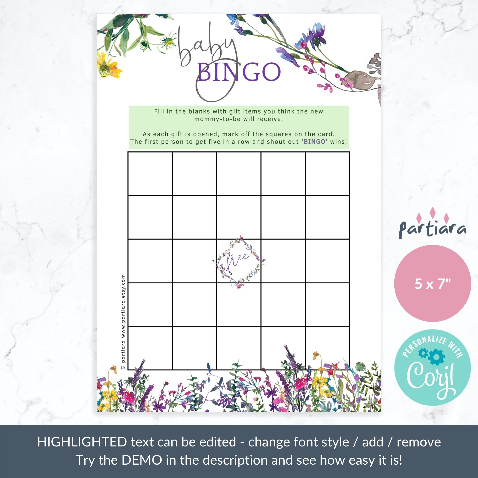 Wildflowers Baby Bingo Game Card Editable Template Boy Girl - Etsy