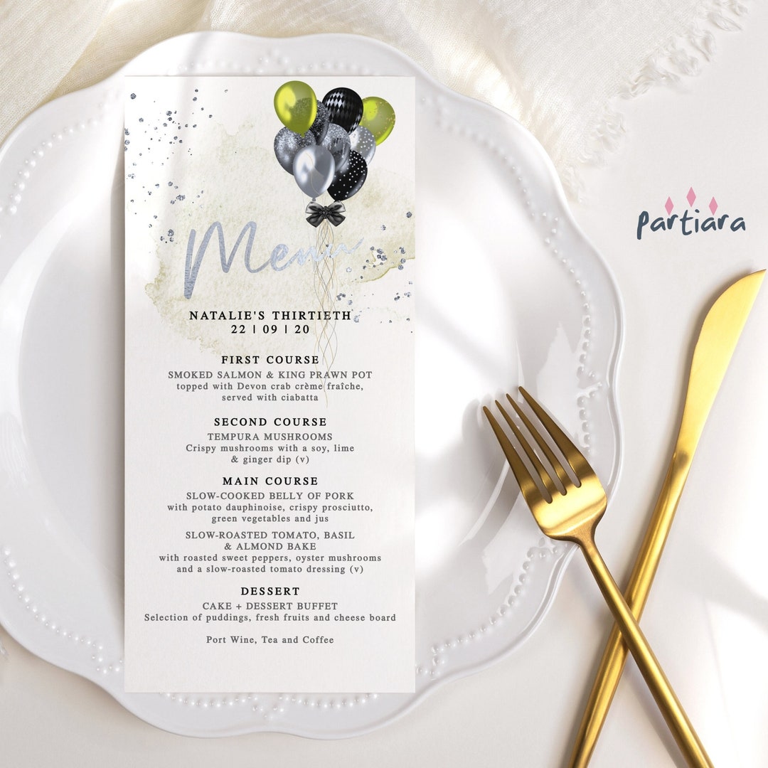 Sage Green Silver Menu Card Editable Template Men Ladies Birthday ...
