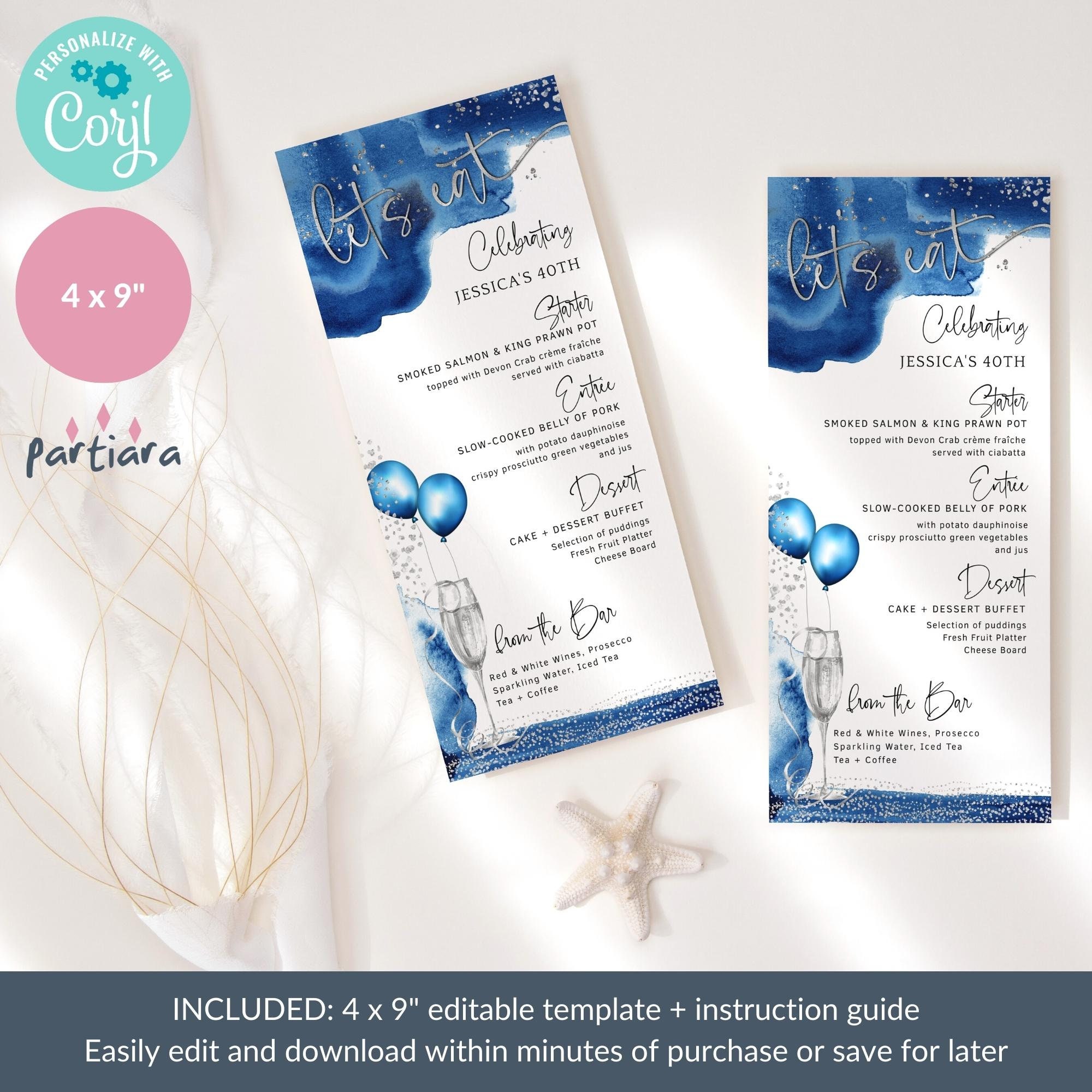 Blue Silver Menu Card Printable Birthday Menus for Men or Ladies Dinner ...