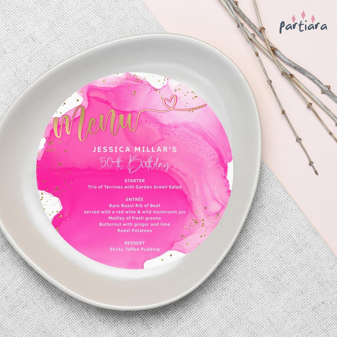 Fuchsia Pink Gold Menu Charger Ladies Birthday Dinner Party Table Plate ...