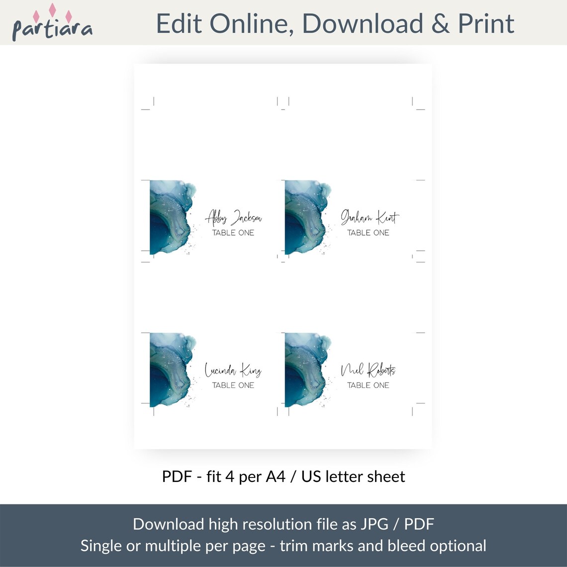 Birthday Dinner Place Cards Teal Blue Silver Party Printable, Wedding ...