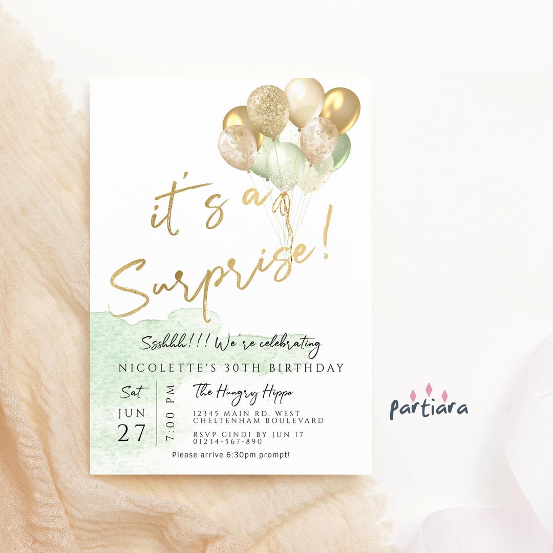 Green Surprise Birthday Invitation, Sage Gold Its a Surprise Party ...