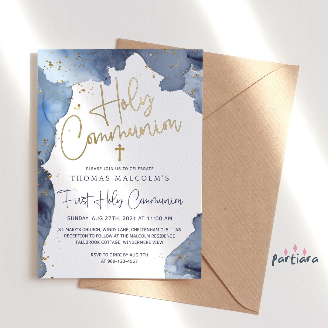 First Holy Communion Invite Boy Printable Navy Blue and Gold Party ...