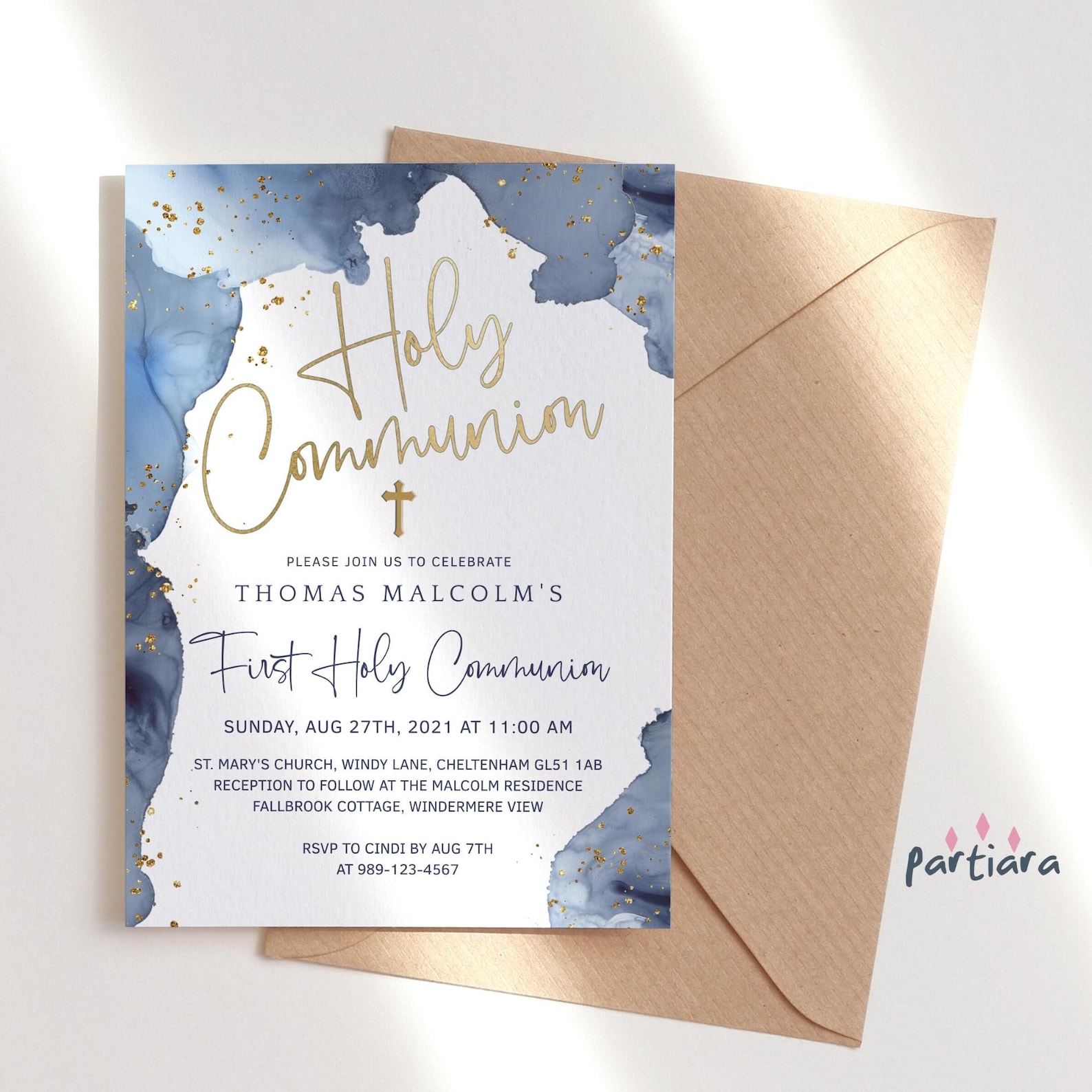 First Holy Communion Invite Boy Printable Navy Blue and Gold | Etsy