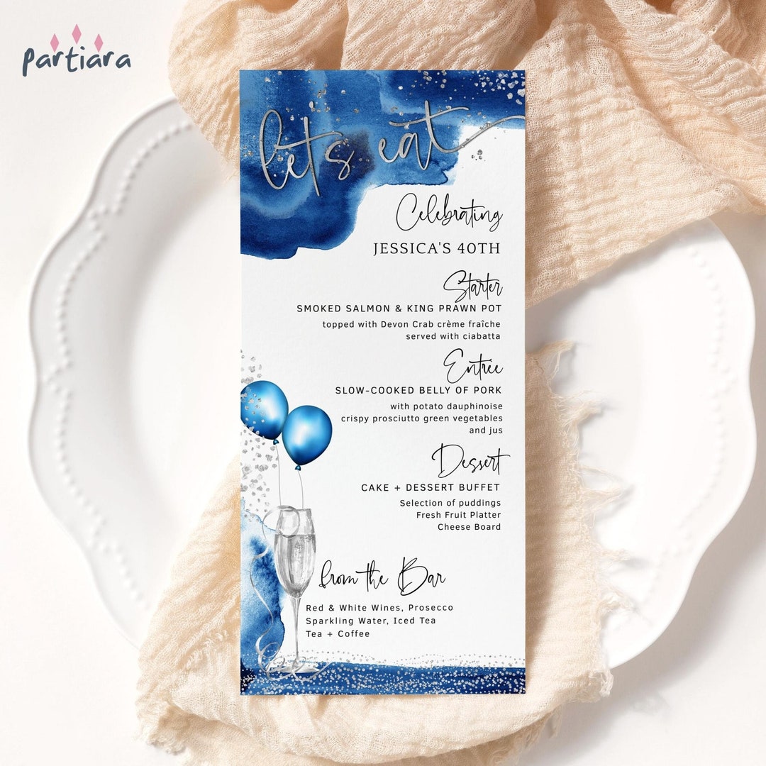 Blue Silver Menu Card Printable Birthday Menus for Men or Ladies Dinner ...