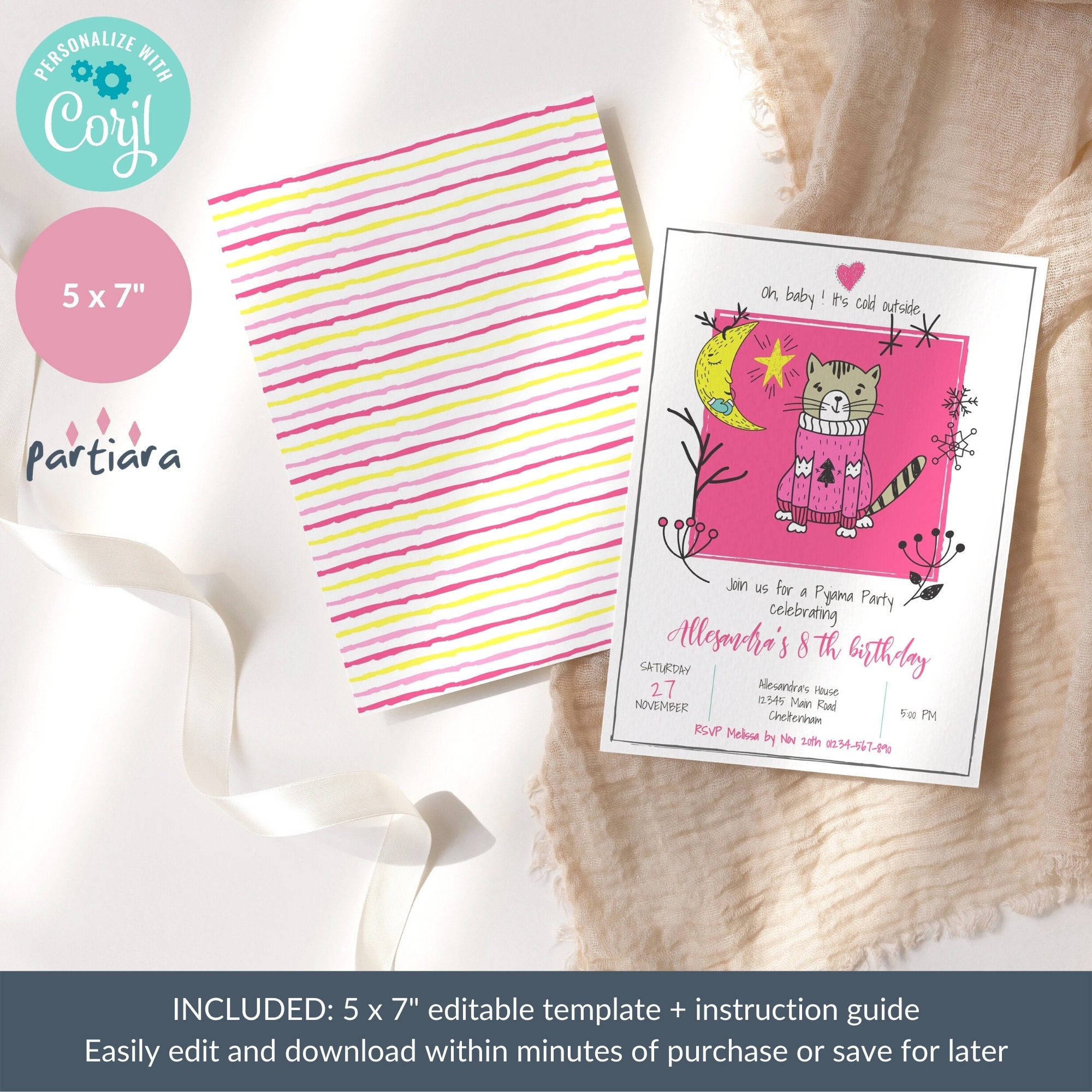 Birthday Kitty Cat Sleepover Party Invite Girl Winter Holidays - Etsy