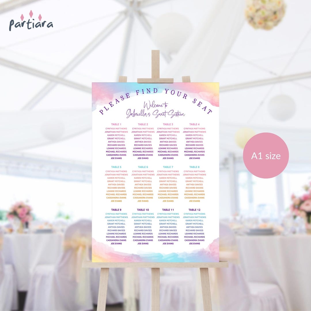 Pastel Seating Chart, Birthday Table Plan Welcome Sign Printable, Girls ...