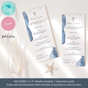 Blue Baptism Menu Card, Boys First Communion Table Menus Printable ...