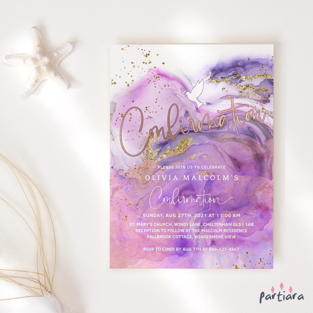 Purple Confirmation Invitation Digital Download, Girls Editable Pink ...