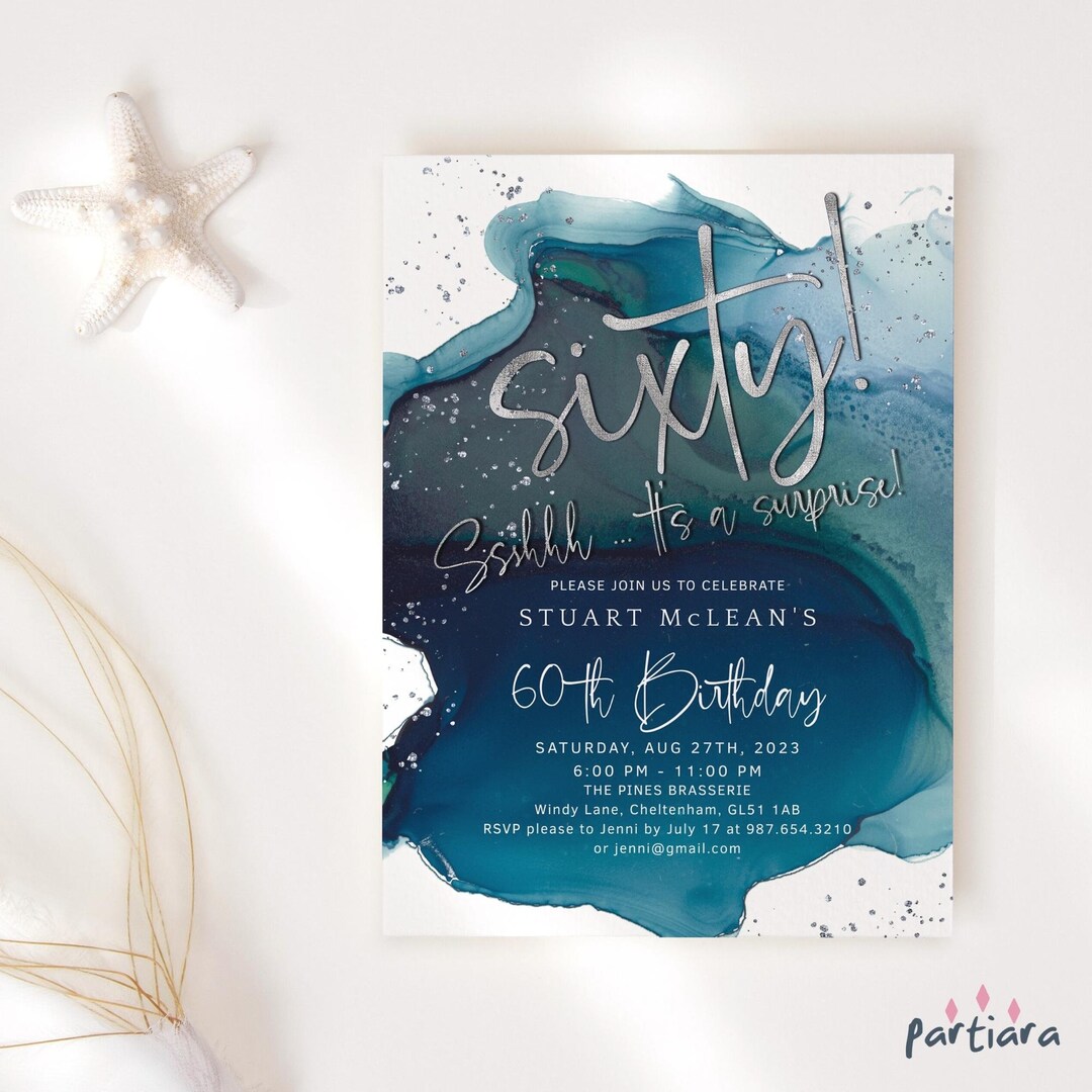 Teal 60th Surprise Invite Birthday Invitations Printable Blue and ...
