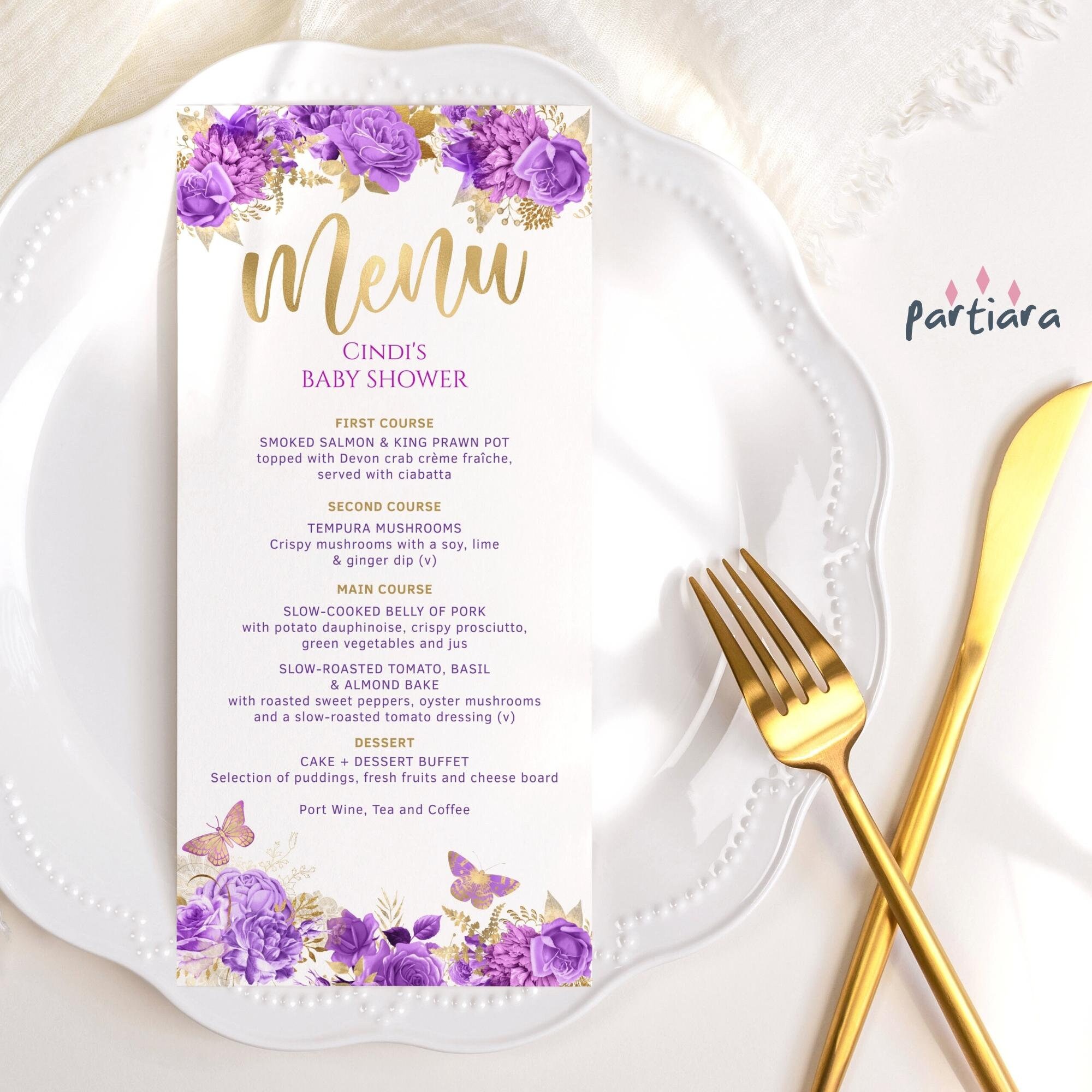 Purple Floral Butterfly Menu Printable Girl Baby Shower Party - Etsy