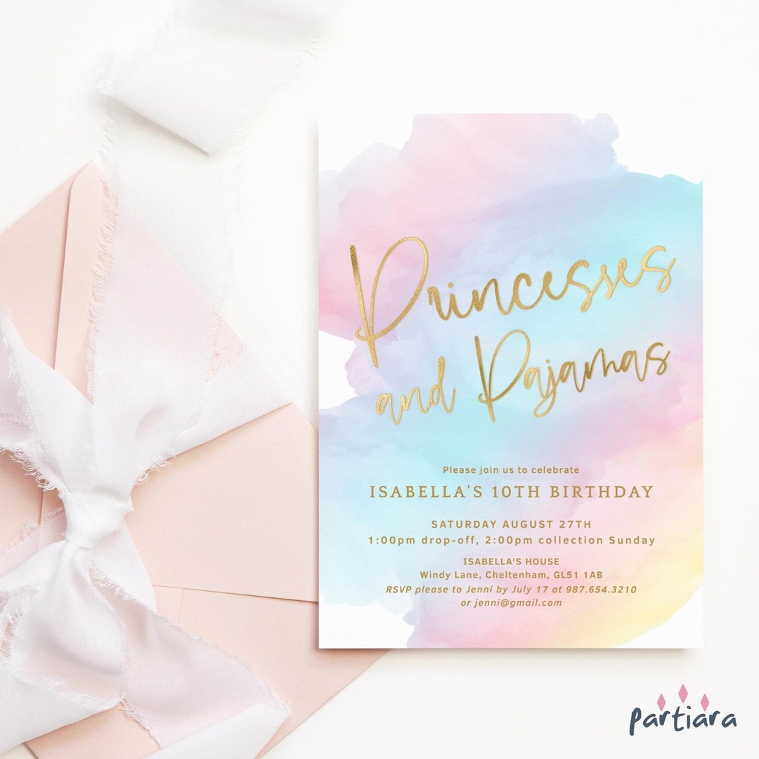 Princess Sleepover Party Invitation, Rainbow Princesses and Pajamas ...