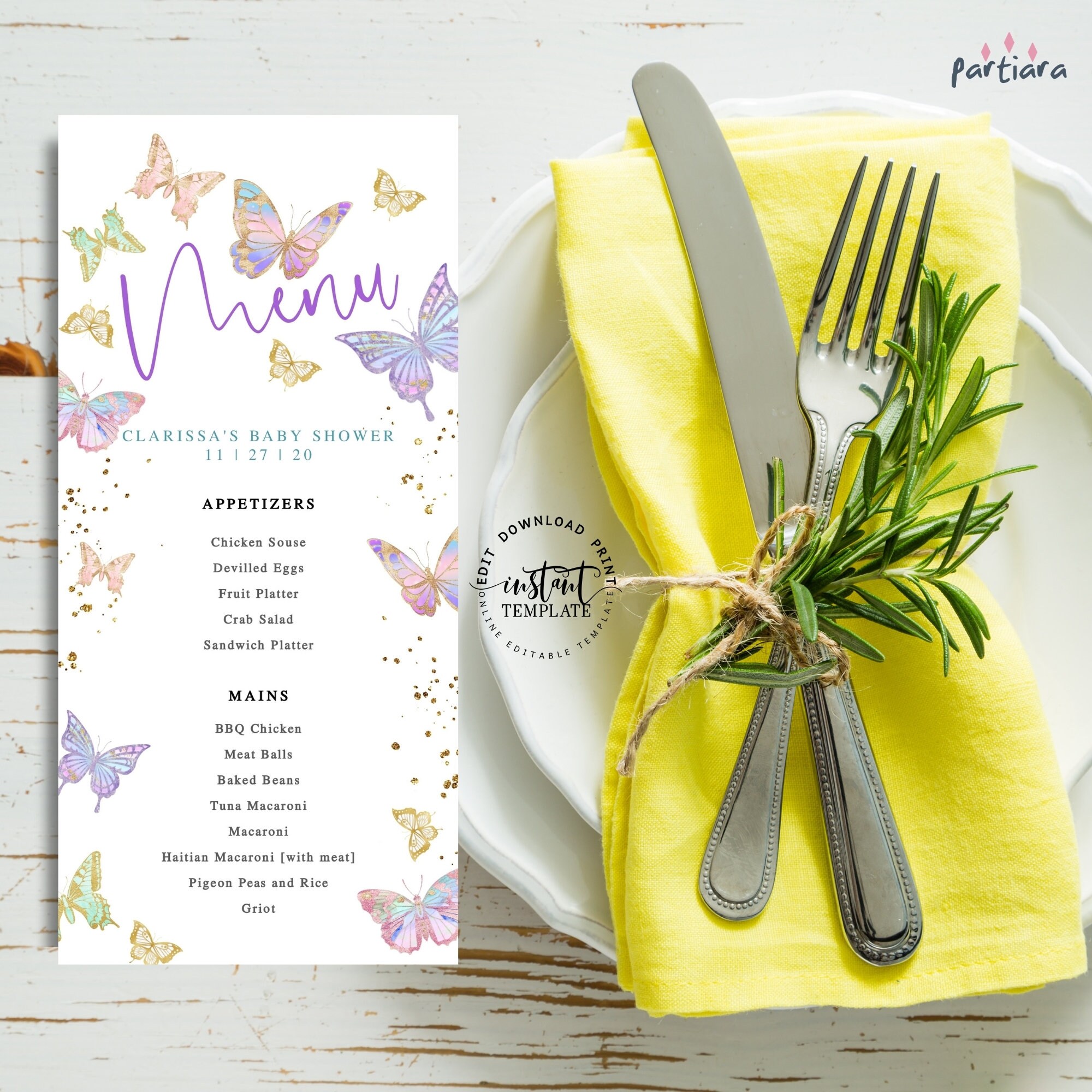 EDITABLE Butterflies Menu Card Template Printable Baby Shower | Etsy