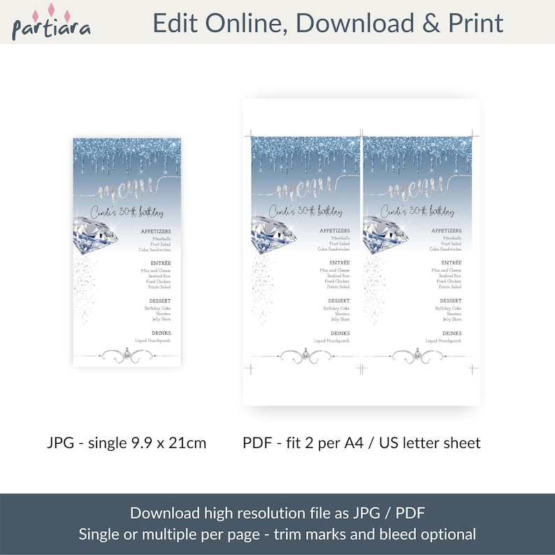 Editable Denim Birthday Menu Card Template Blue and Silver - Etsy