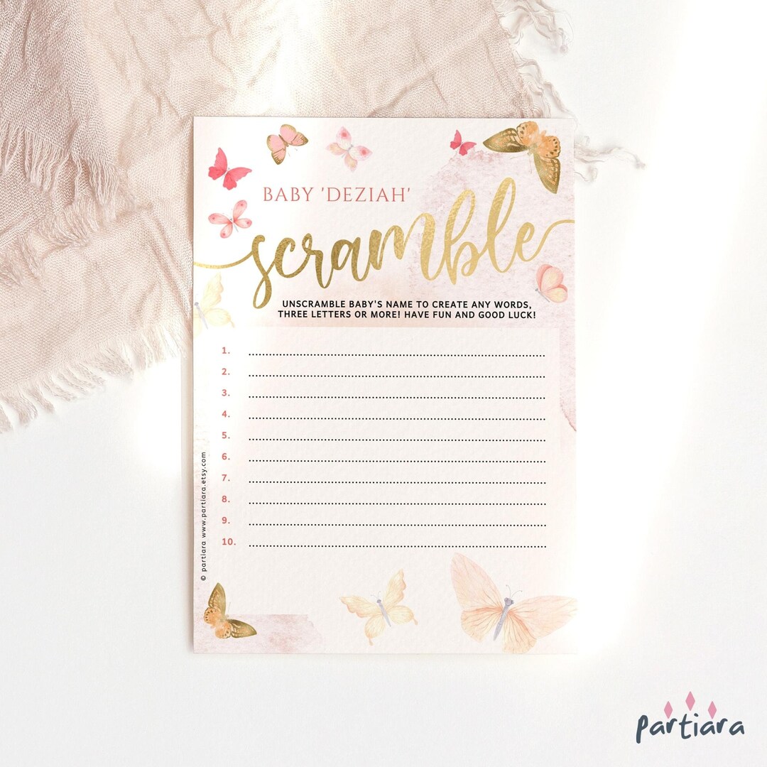 Boho Baby Scramble Game, Butterfly Word Scramble Games Card Template ...