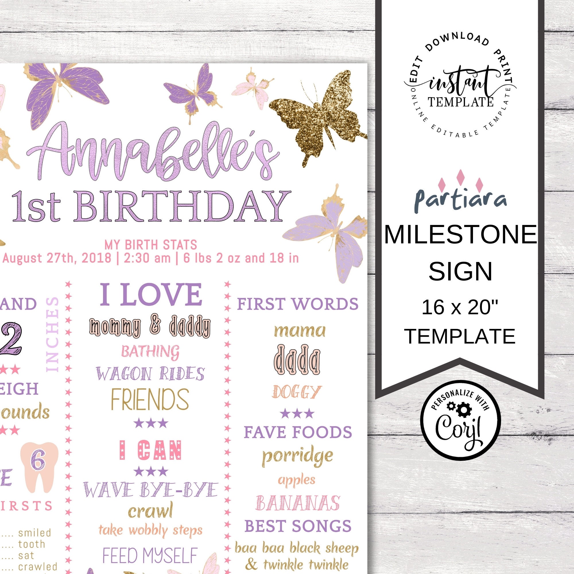 Editable First Birthday Board Girl Butterflies Milestone Sign | Etsy