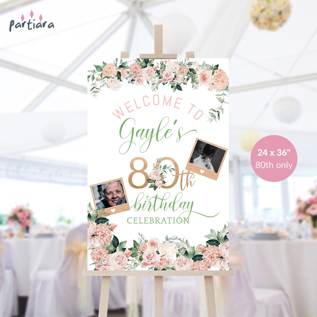 80th Birthday Welcome Sign Photo Template, Ladies Blush Pink Floral ...