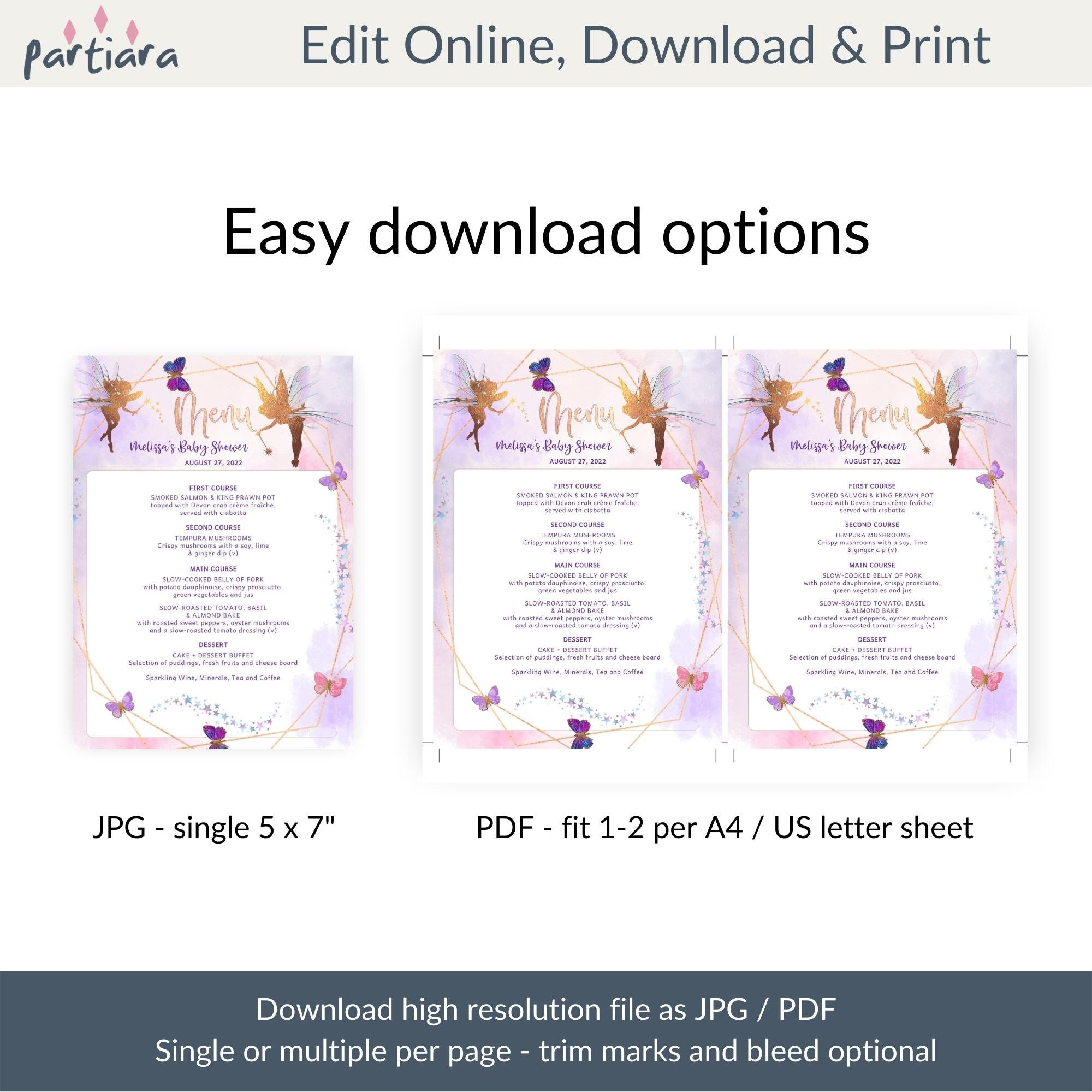 Fairy Birthday Menu Template, Girl Baby Shower Butterfly Menus ...