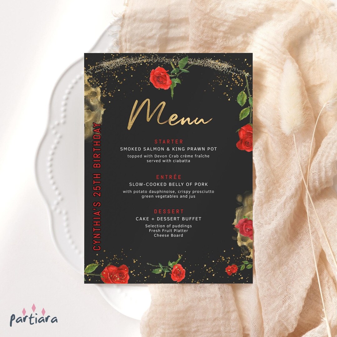 Birthday Dinner Menu Template, Girls Party Menus Printable, Red Roses ...