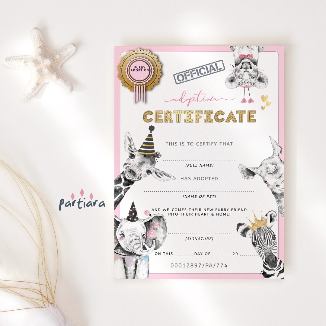 Adopt an Animal Certificate Safari Animals Birthday Game Printable ...