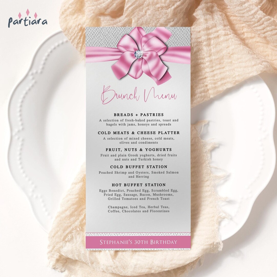 Pink Brunch Menu Template, Birthday Menus Card, Bridal Brunch Party ...