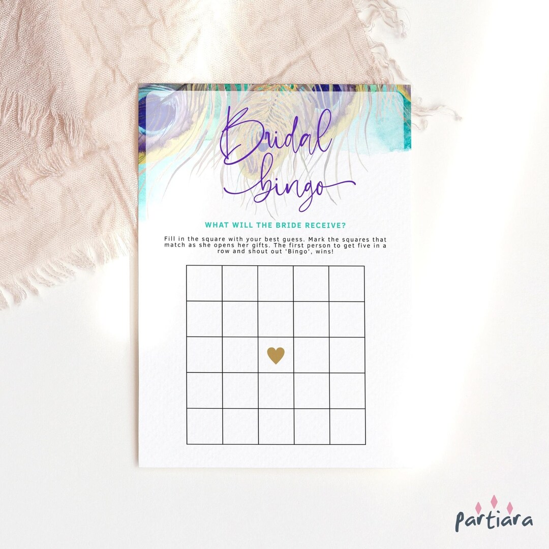 Bridal Shower Bingo Game Card Template Peacock Feathers Party - Etsy