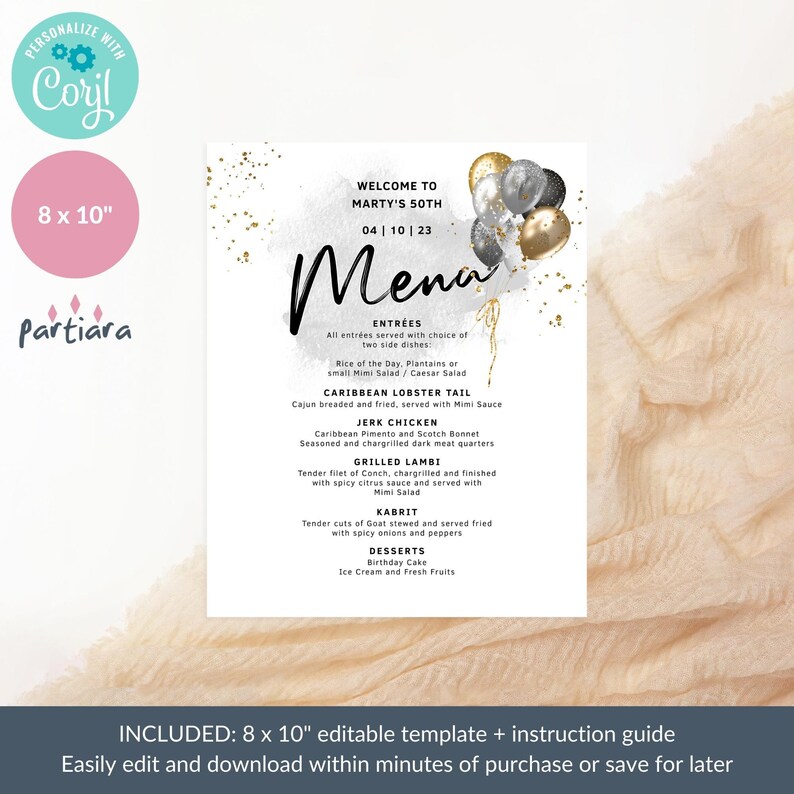 Buffet Menu Sign Template, Mens Birthday Dinner Table Menus Printable ...