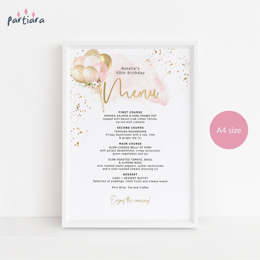 Blush Pink Menu Printable, Birthday Party Menus Editable Template ...