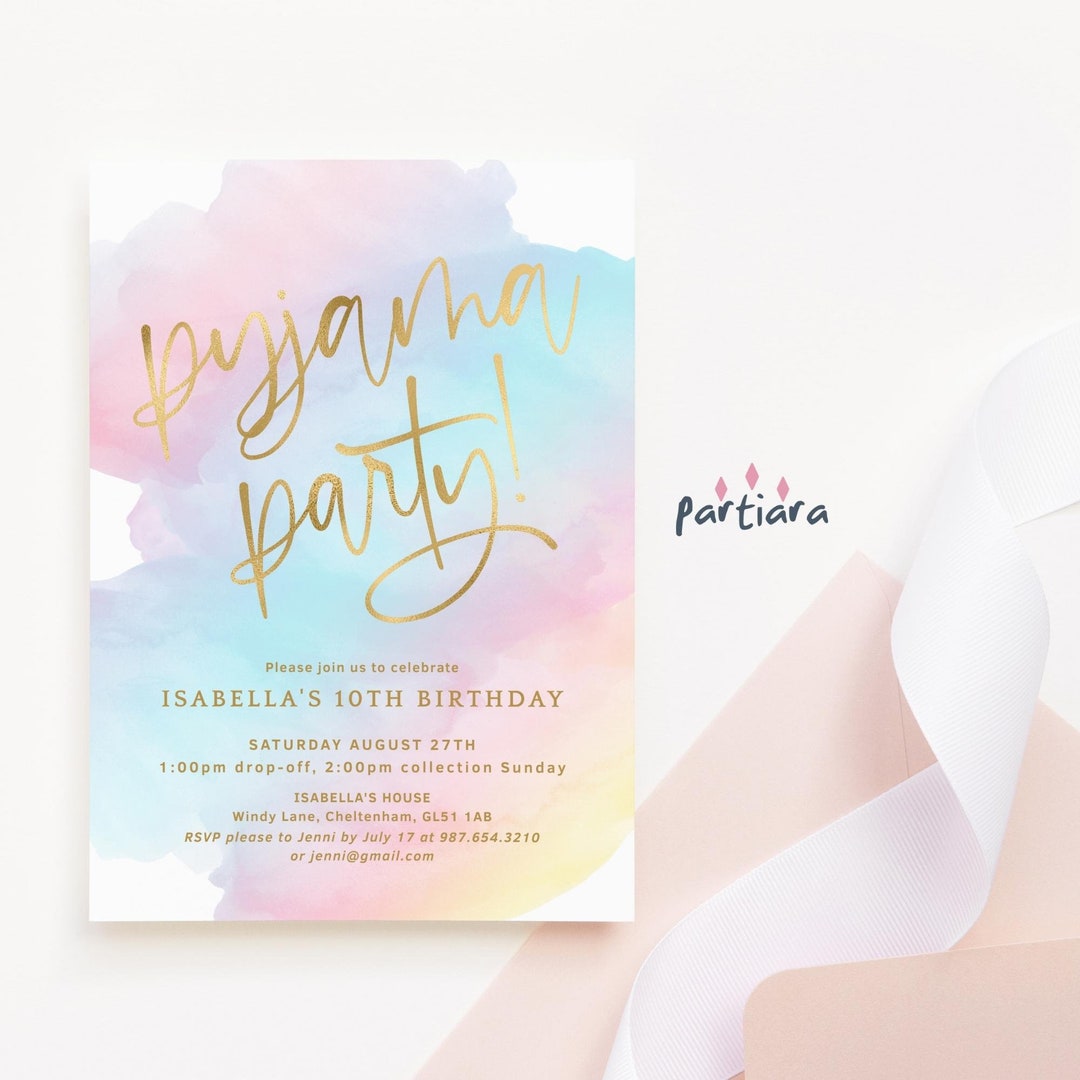 Girls Pyjama Party Invite Digital Download, Pastel Rainbow Birthday ...